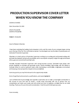 Production Supervisor Cover Letter