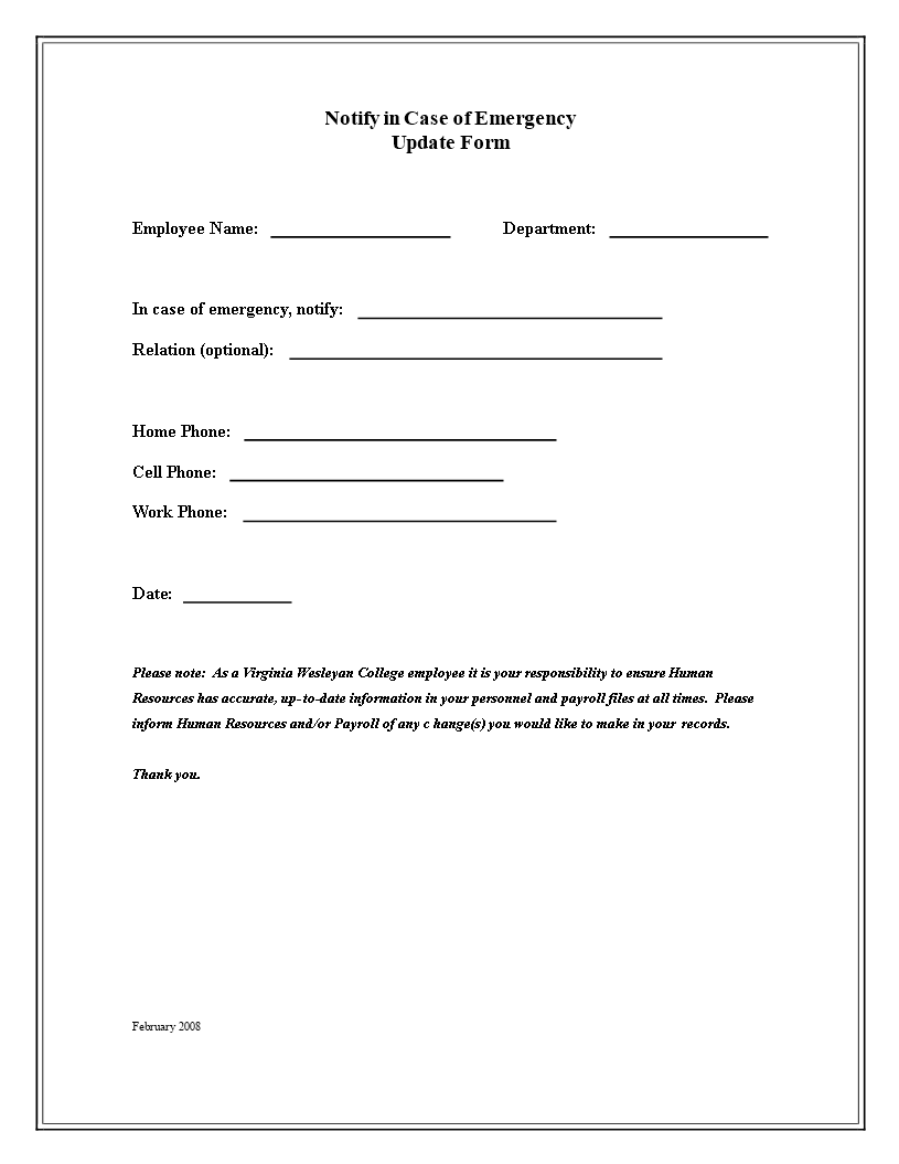 Update Employee Emergency Notification with this form