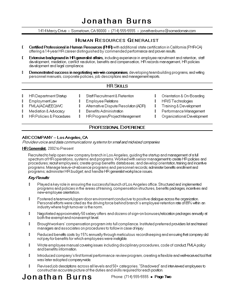 Sample Resume Hr Generalist Template