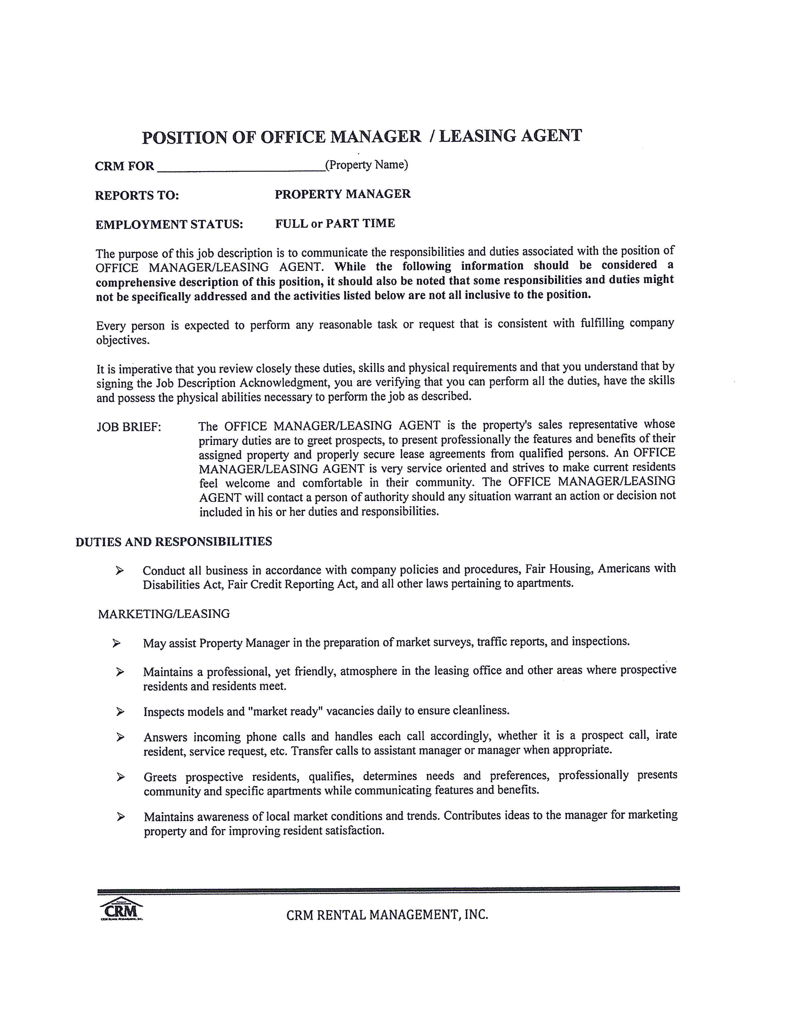 Office Manager Leasing Consultant | Job Description, Responsibilities ...