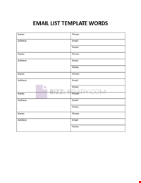 Email List Contact Information Template