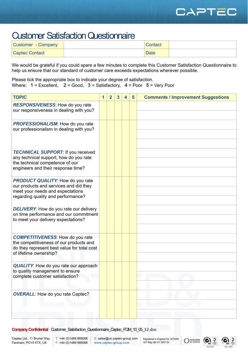 Sample customer Survey Questionnaire