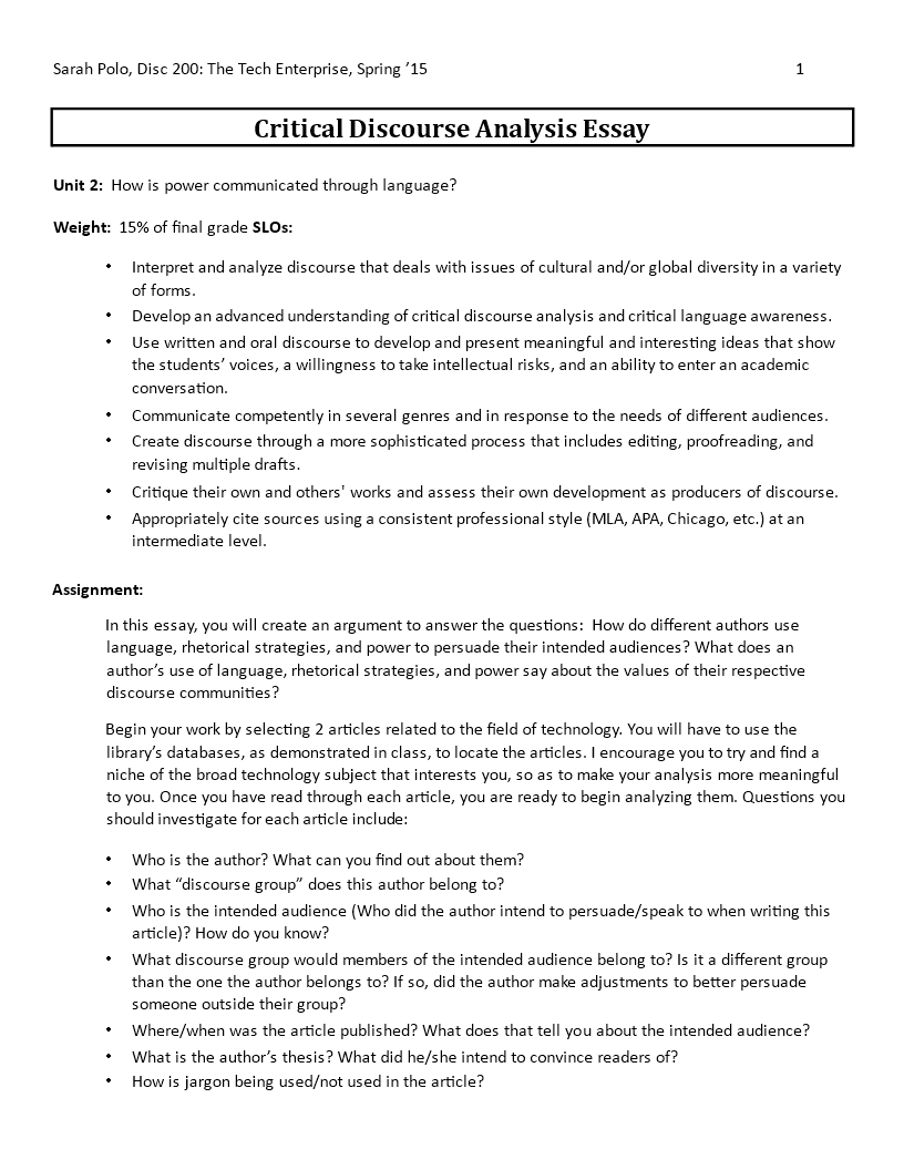 Critical Discourse Analysis Essay Template Critical Discourse Analysis Essay Template