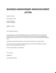 Business Anniversary Announcement Letter Business Anniversary Announcement Letter
