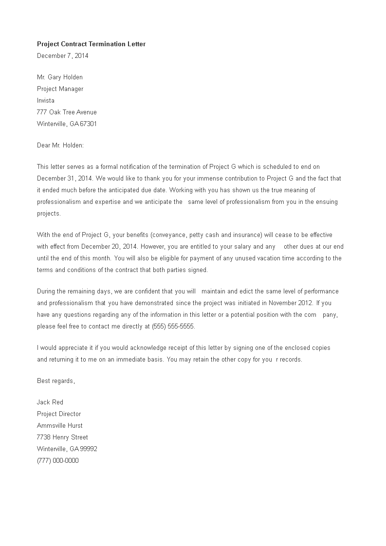 Project Contract Termination Letter Project Contract Termination Letter