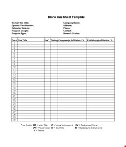 Free Excel Blank Cue Sheet Template