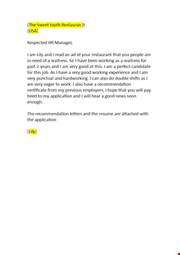 Write An Application For Employment As Waitress
