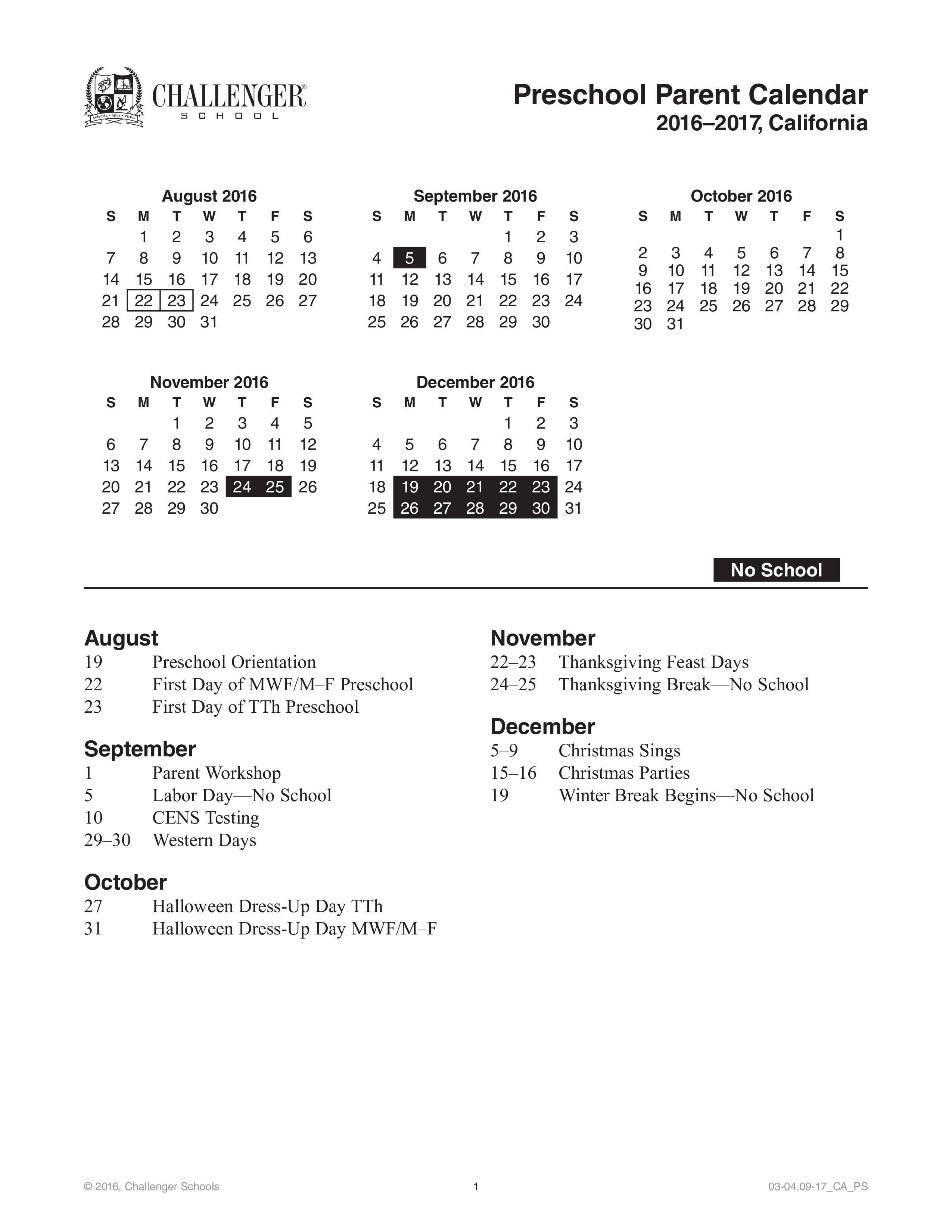 Preschool Parent Calendar Template