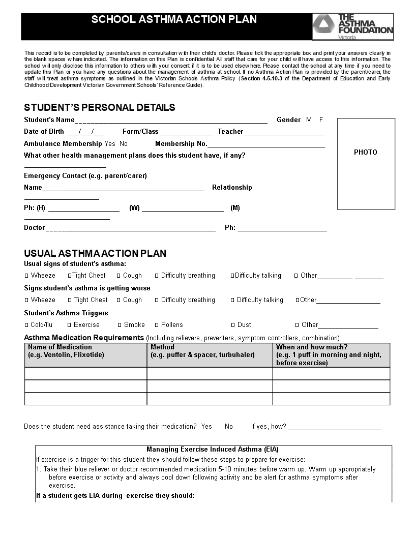 School Asthma Action Plan Template