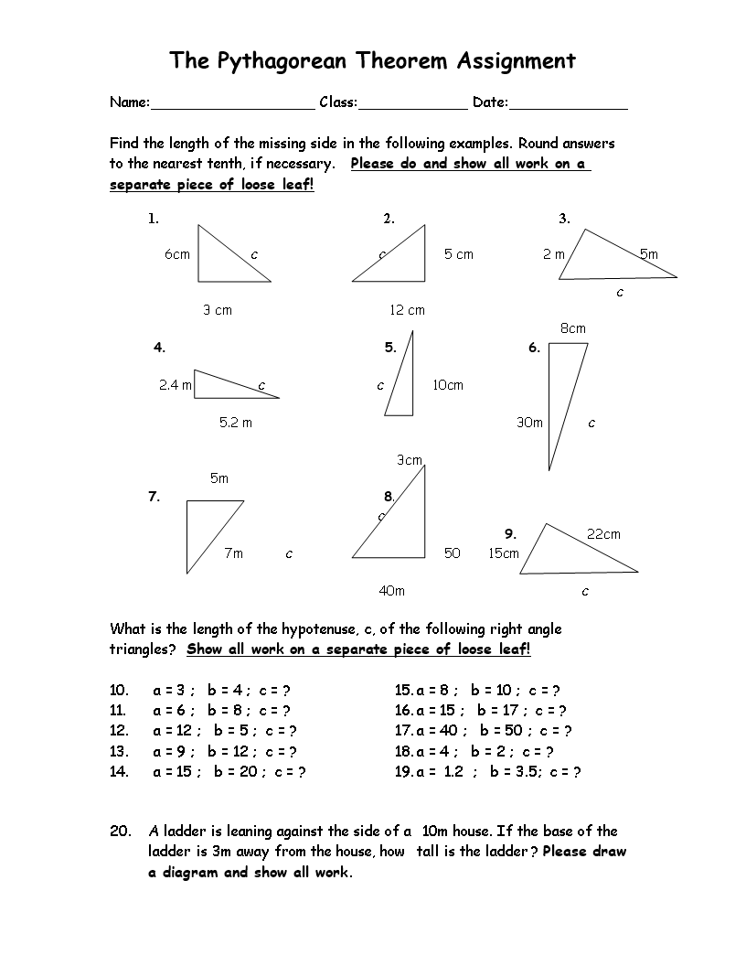 Pythagorean Theorem Assignment Template Pythagorean Theorem Assignment Template