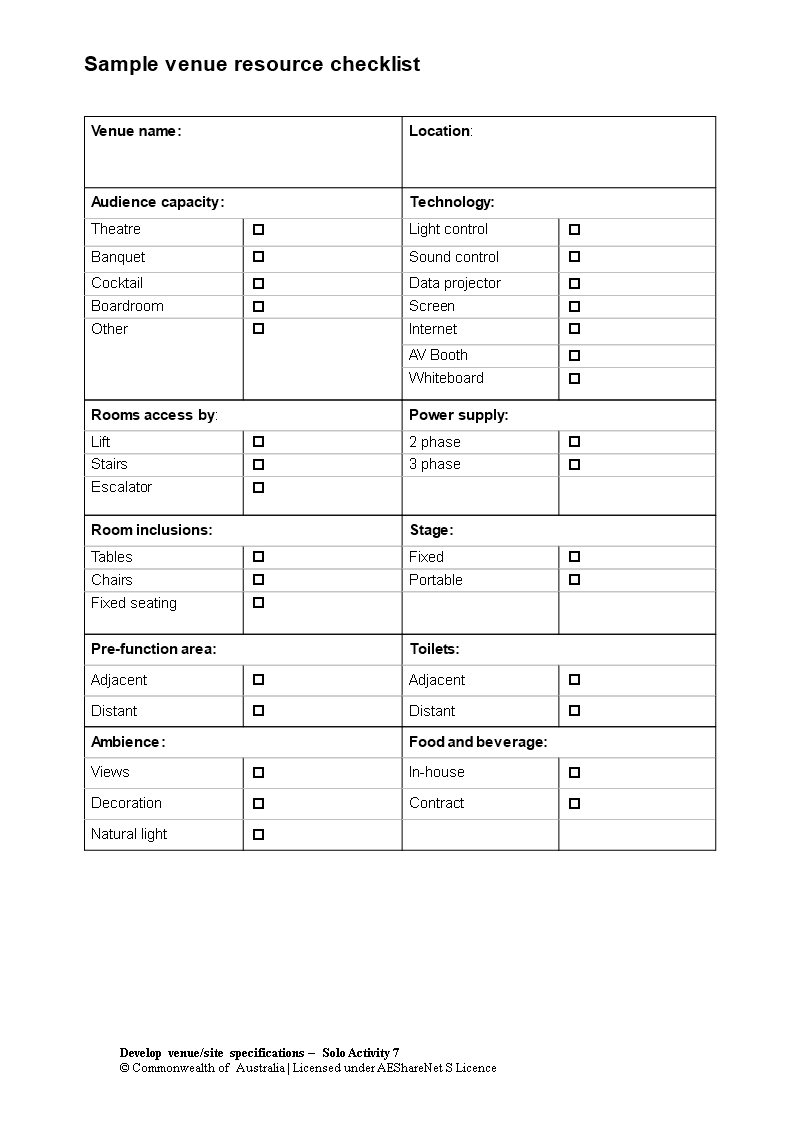 Sample Venue Resource Checklist Sample Venue Resource Checklist