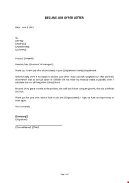 Turning Down A Job Offer Email