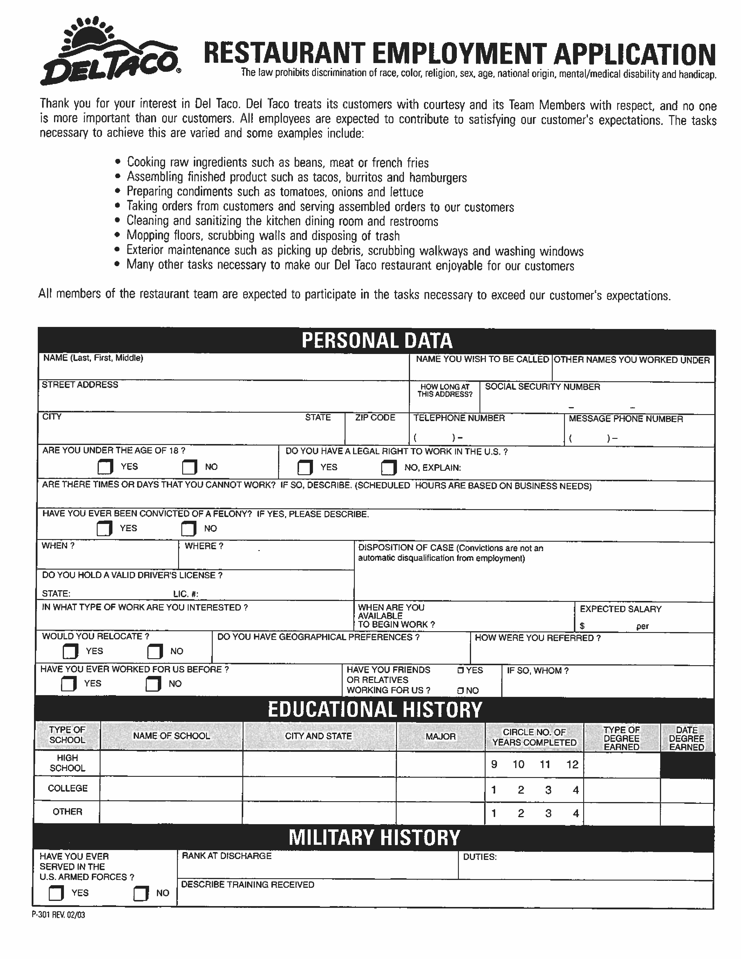 Restaurant Job Application Form In Pdf