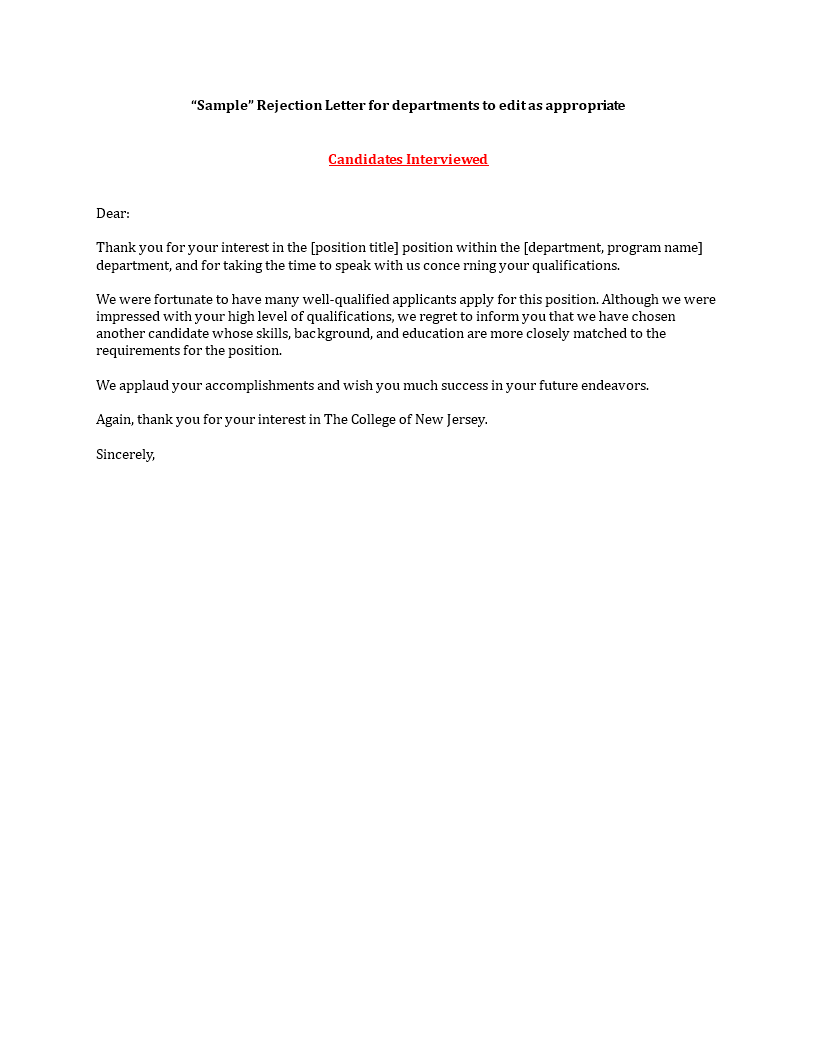 Sample Rejection Letter Candidates Interviewed Sample Rejection Letter Candidates Interviewed