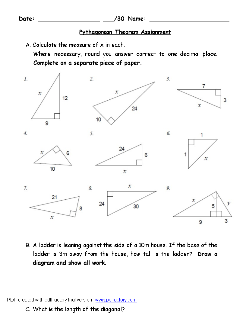 Pythagorean Theorem Assignment Pythagorean Theorem Assignment