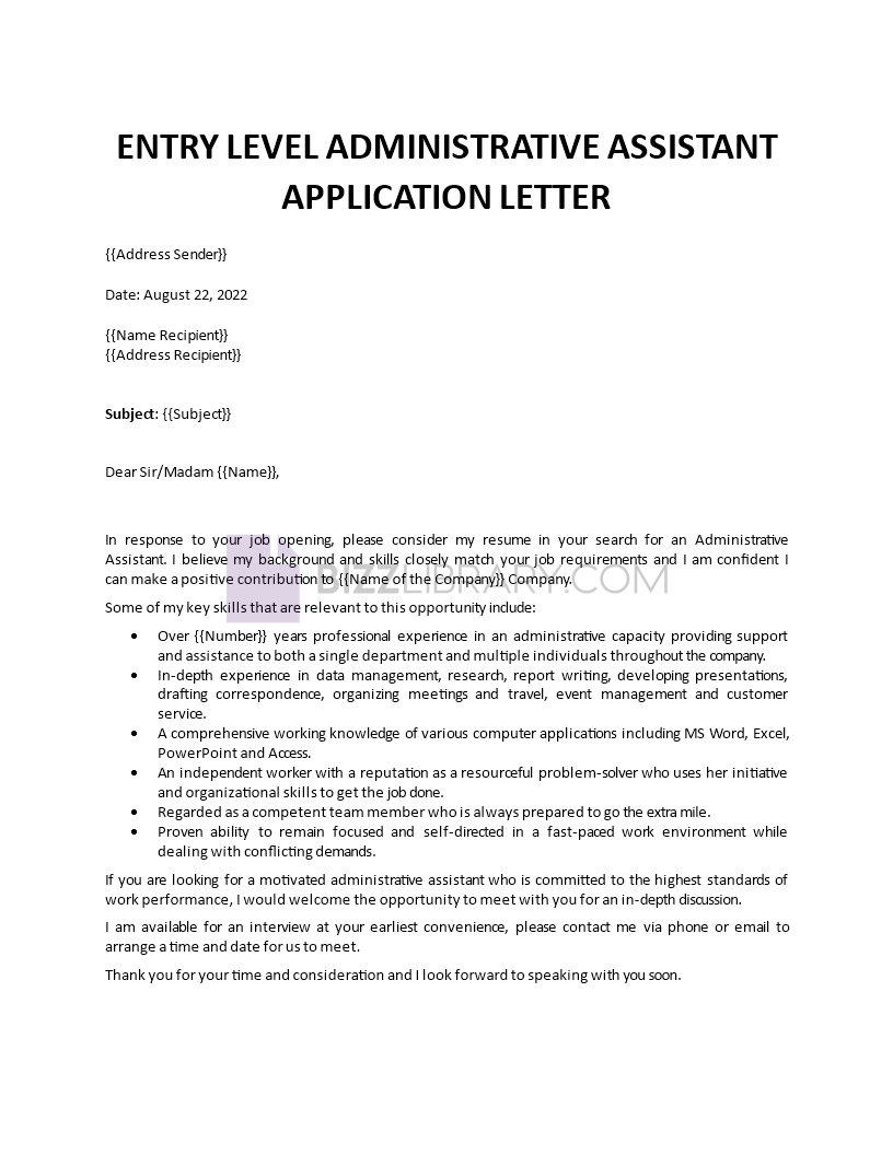 Entry Level Admin Assistant Application Letter Entry Level Admin Assistant Application Letter