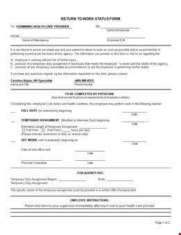 Return To Work Form Employee Assignment Temporary