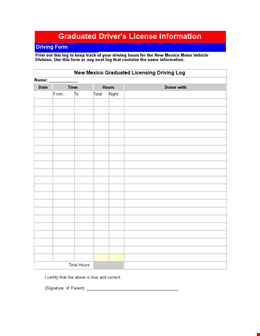 Driving Information And Hours For Graduated Drivers Daily Log
