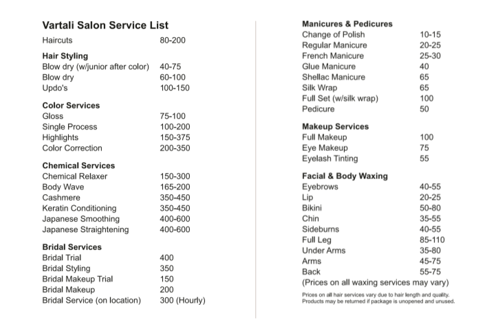 Salon Service List Template