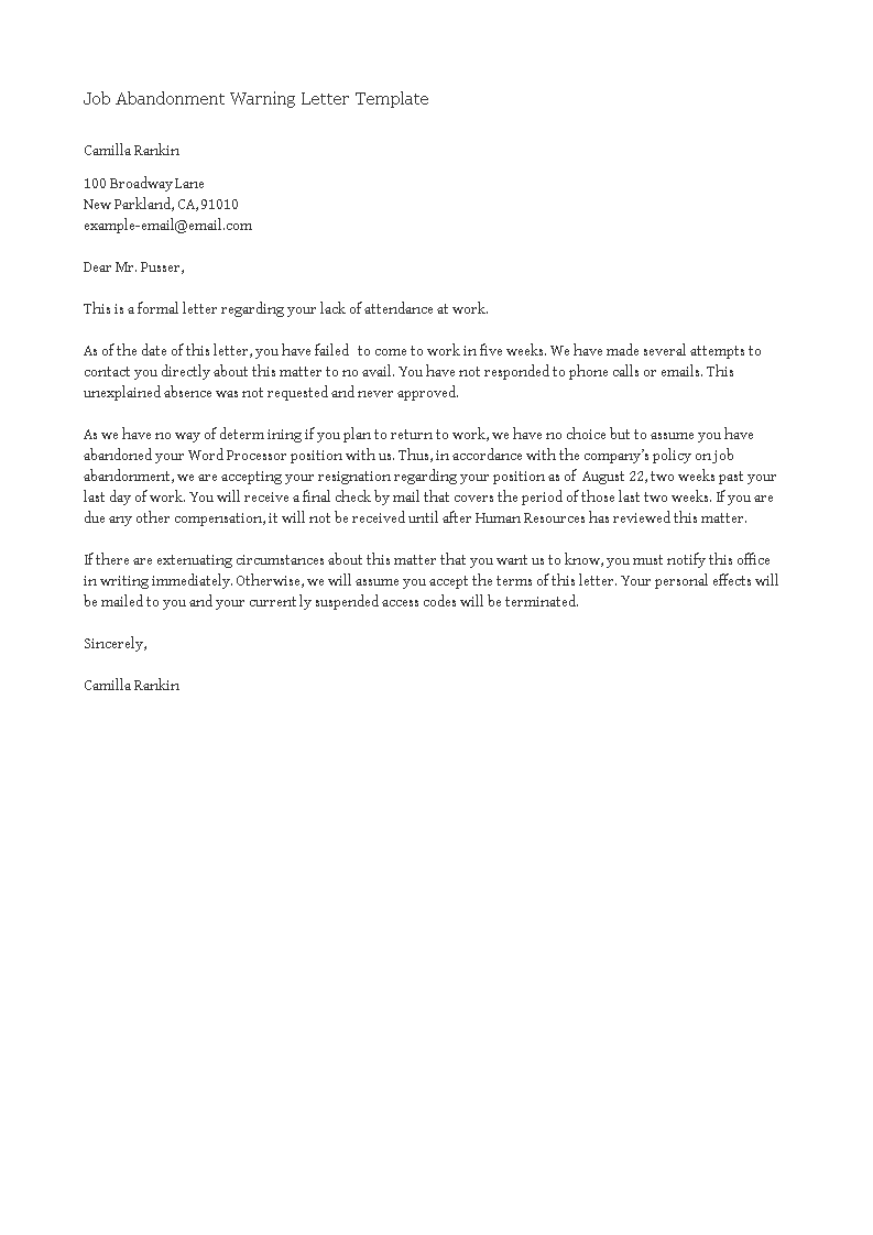 Job Abandonment Warning Letter Template