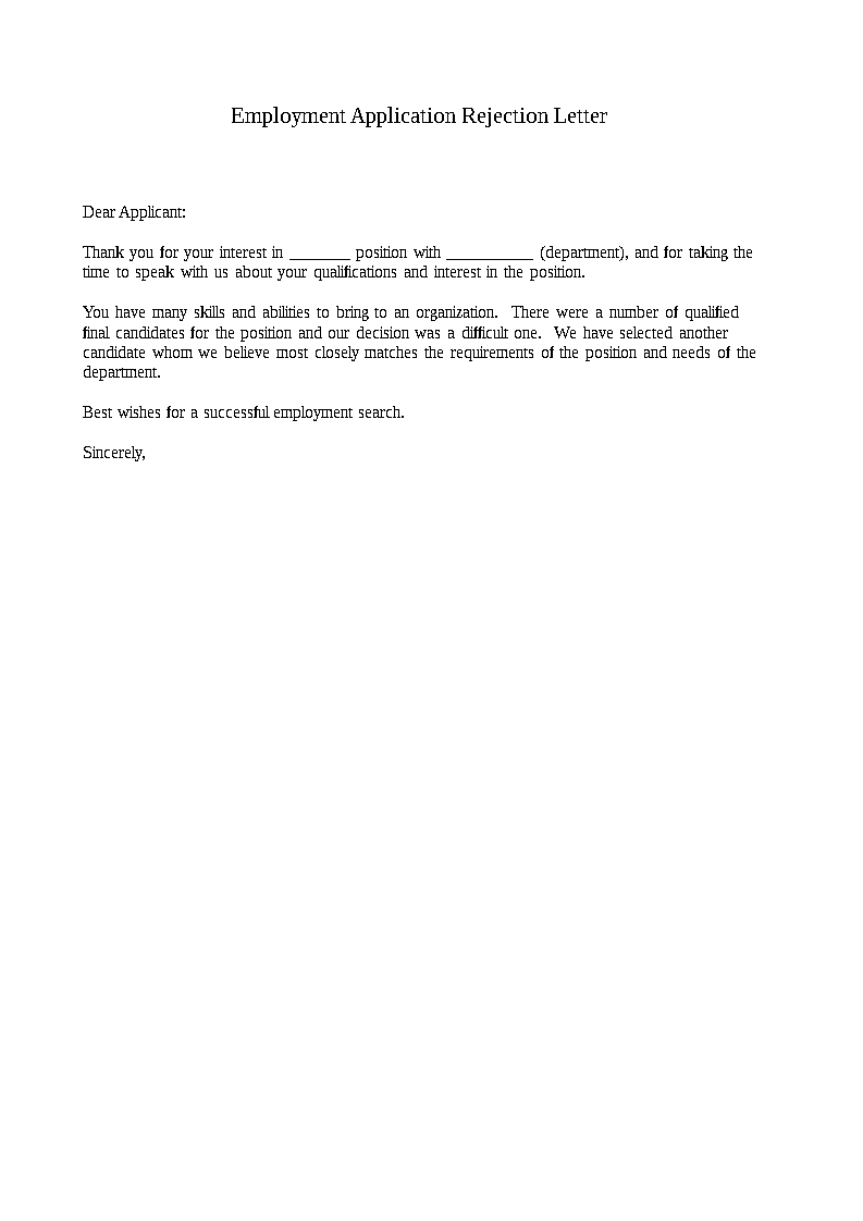 Employment Application Rejection Letter Employment Application Rejection Letter