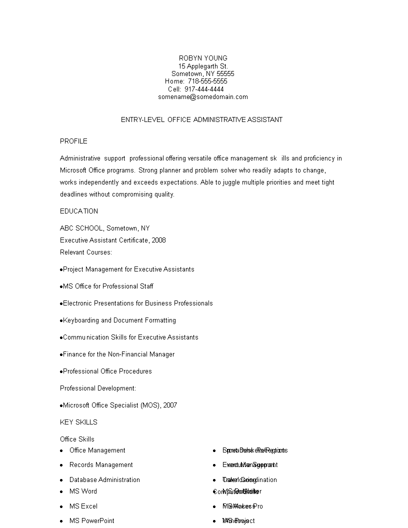 Entry Level Office Administration Resume