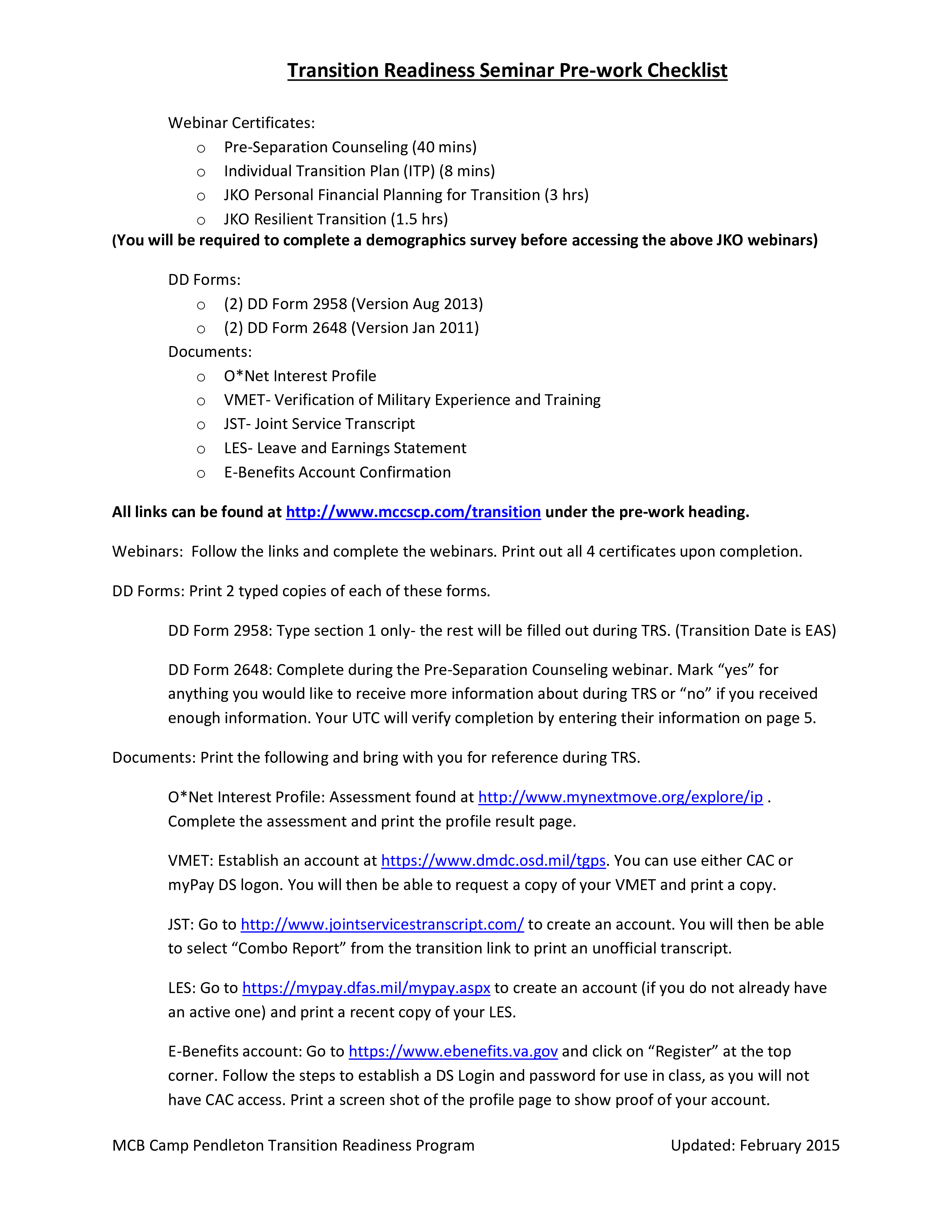 Transition Readiness Seminar Pre Work Checklist Transition Readiness Seminar Pre Work Checklist