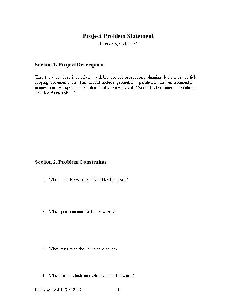 Problem Statement Template Effective Project Analysis Section Available