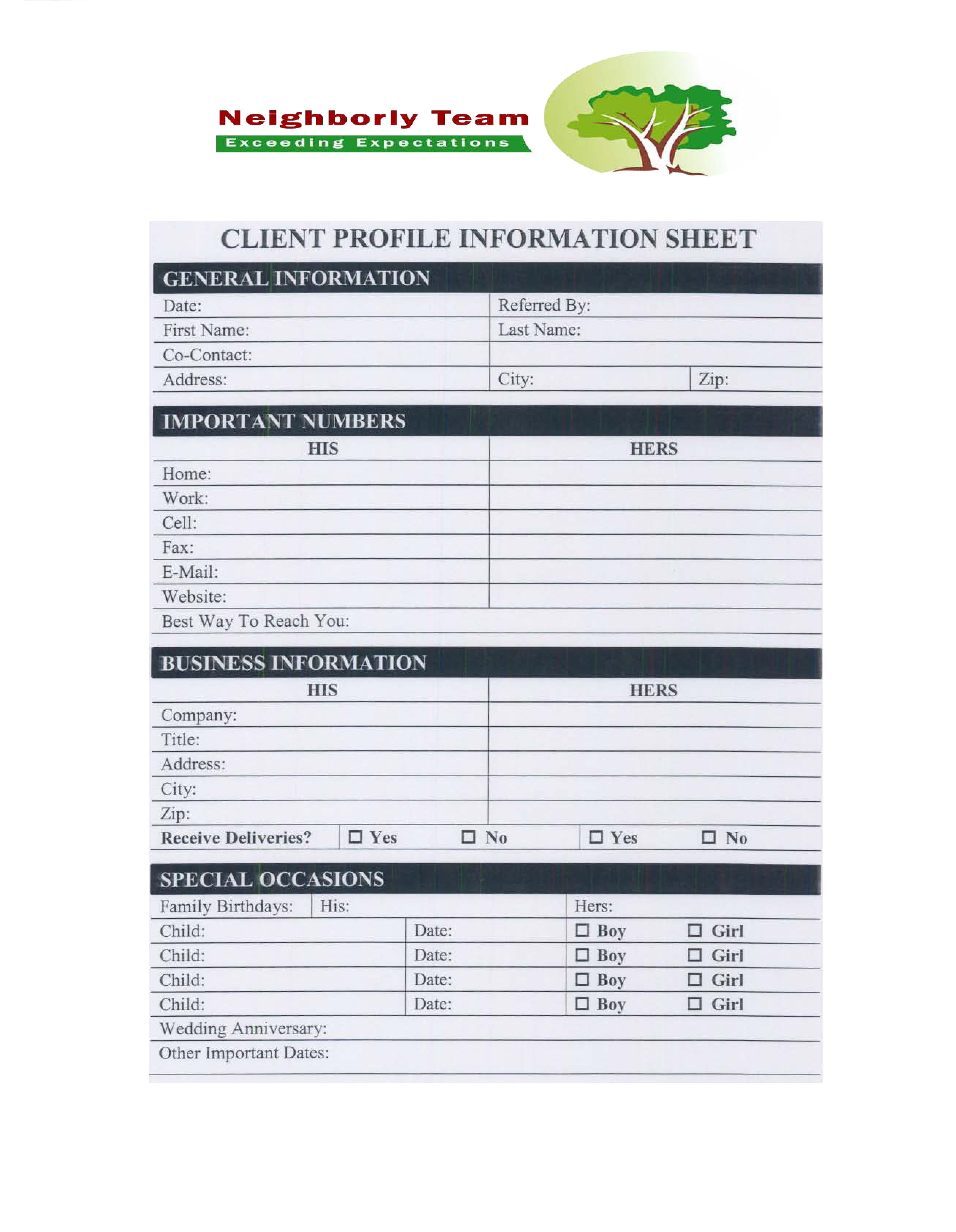 Client Profile Information Sheet Template