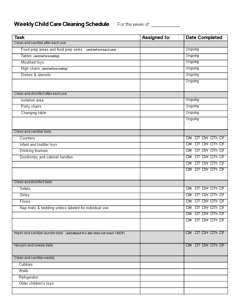 Daycare Weekly Schedule Template - Daily Clean, Ongoing Sanitize Daycare Weekly Schedule Template - Daily Clean, Ongoing Sanitize