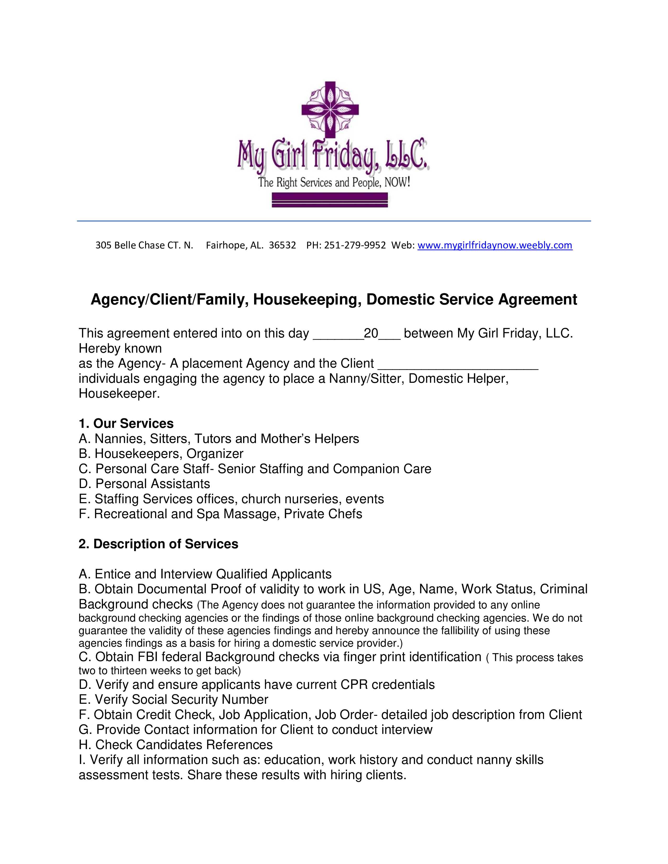 Nanny Housekeeper Contract Template Nanny Housekeeper Contract Template