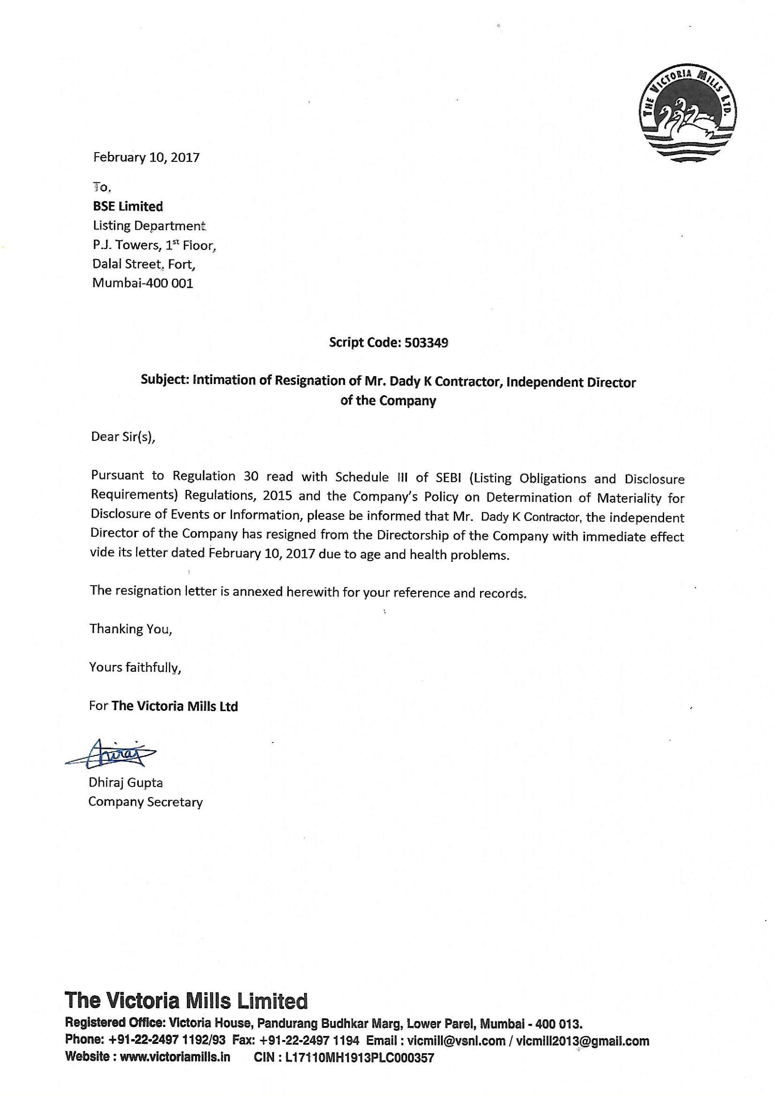Resignation Letter for Contractor Director