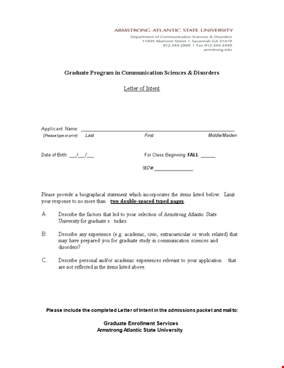Graduate Program Letter of Intent Template