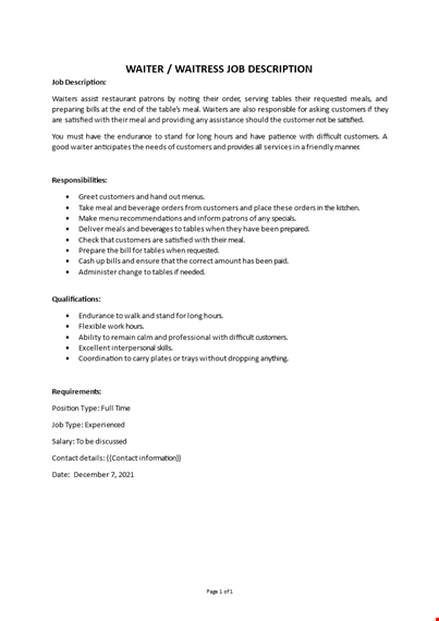Waitress Job Description Template